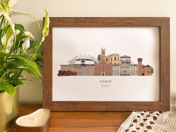 Derby England Derby Skyline Print, Hand Drawn Illustrated Derby Poster