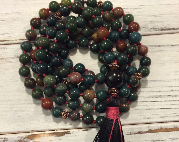 Bloodstone + Black Tourmaline 108 Mala Beads, Mantra Meditation ...