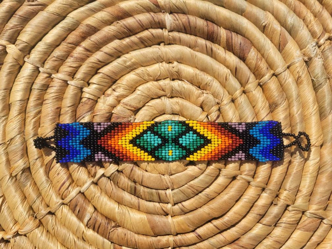 Colorful Huichol Beaded Bracelet, Geometric Beadwork, Chaquira ...