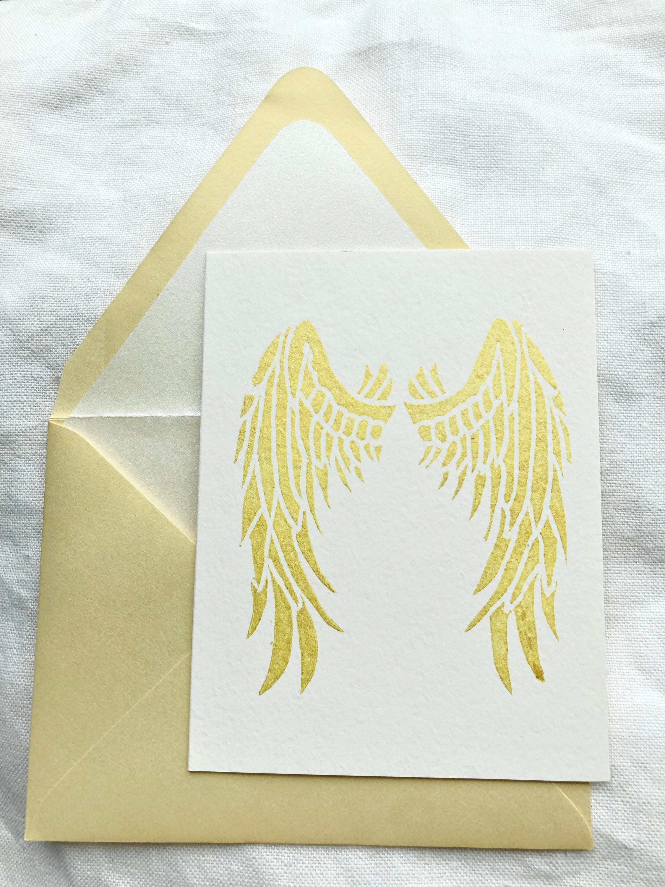 Shimmering Gold Angel Wings Hand Printed Card Keepsake Custom Lined ...