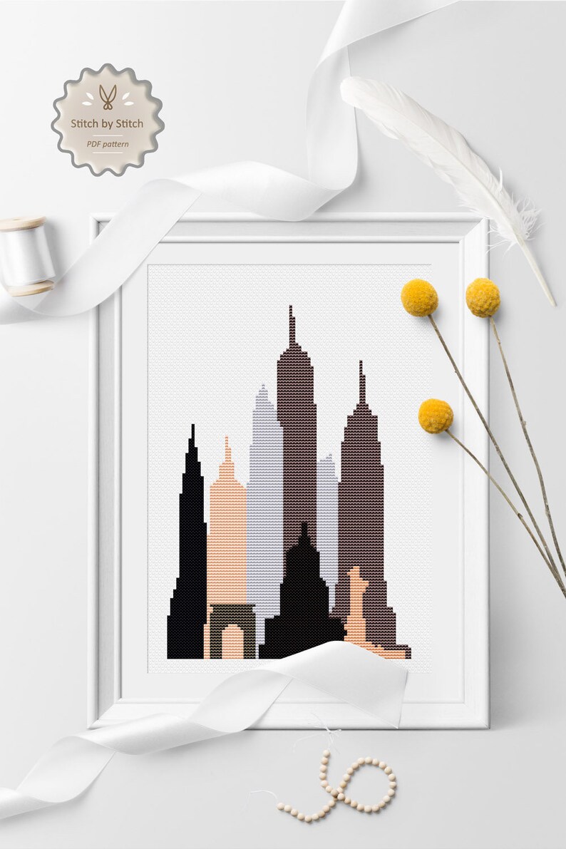 City Cross Stitch Pattern, New York Skyscraper, Office Wall Decor, Pastel Modern Decoration ...
