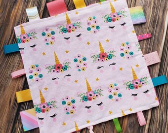 Tag Blanket Pink Unicorn Baby Child Taggie Sensory Pink Unicorn Fabric ...