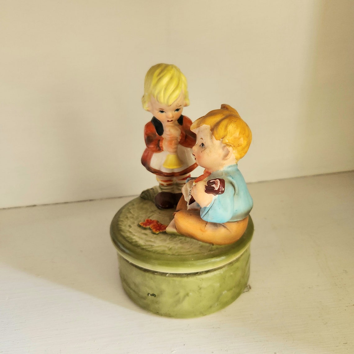 1970 Children's Music Box. Girl and Boy Playing Musical Instruments ...