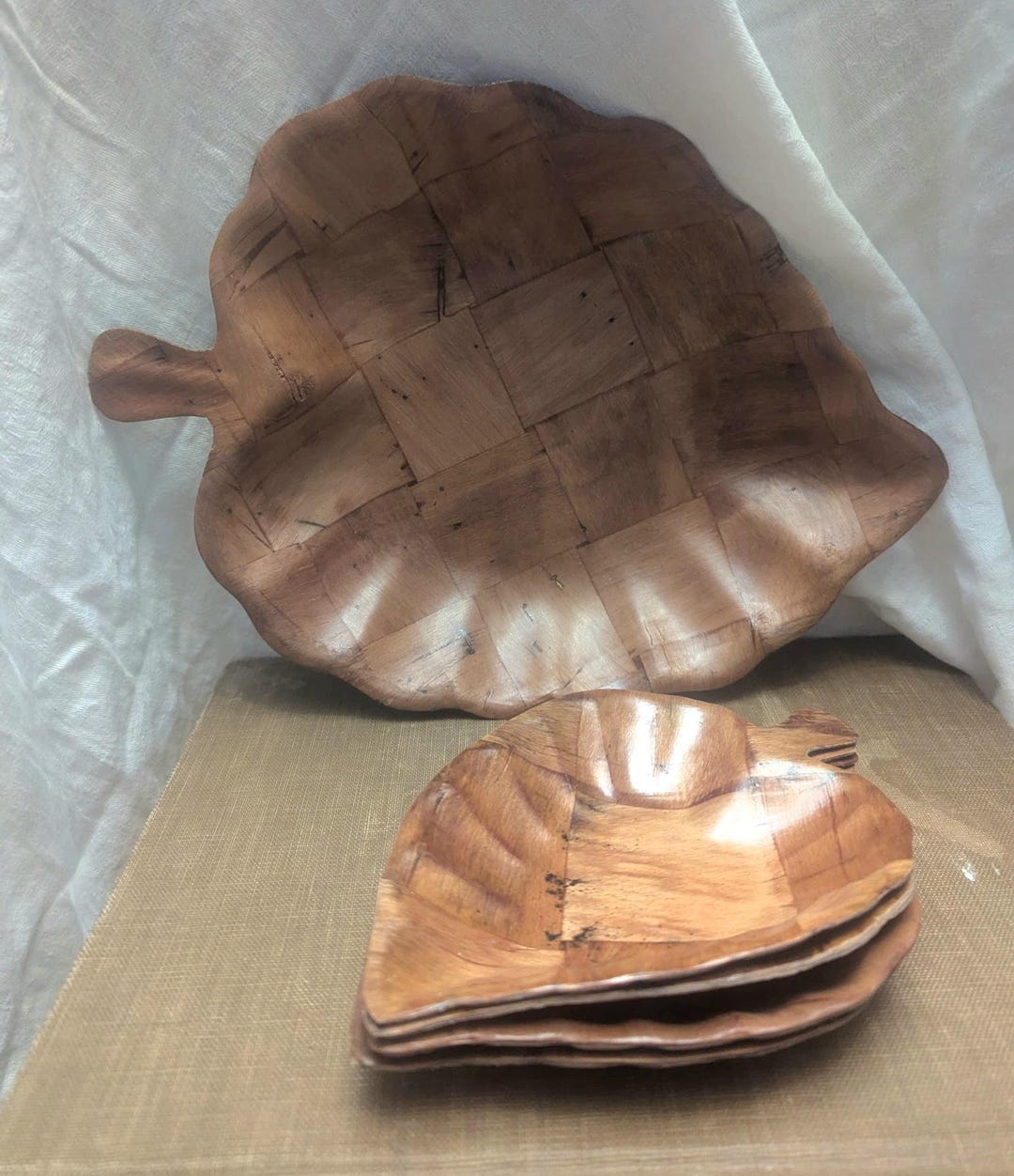 MCM Vintage Woven Wood Snack Plates Serving Dish Retro Appetizer ...