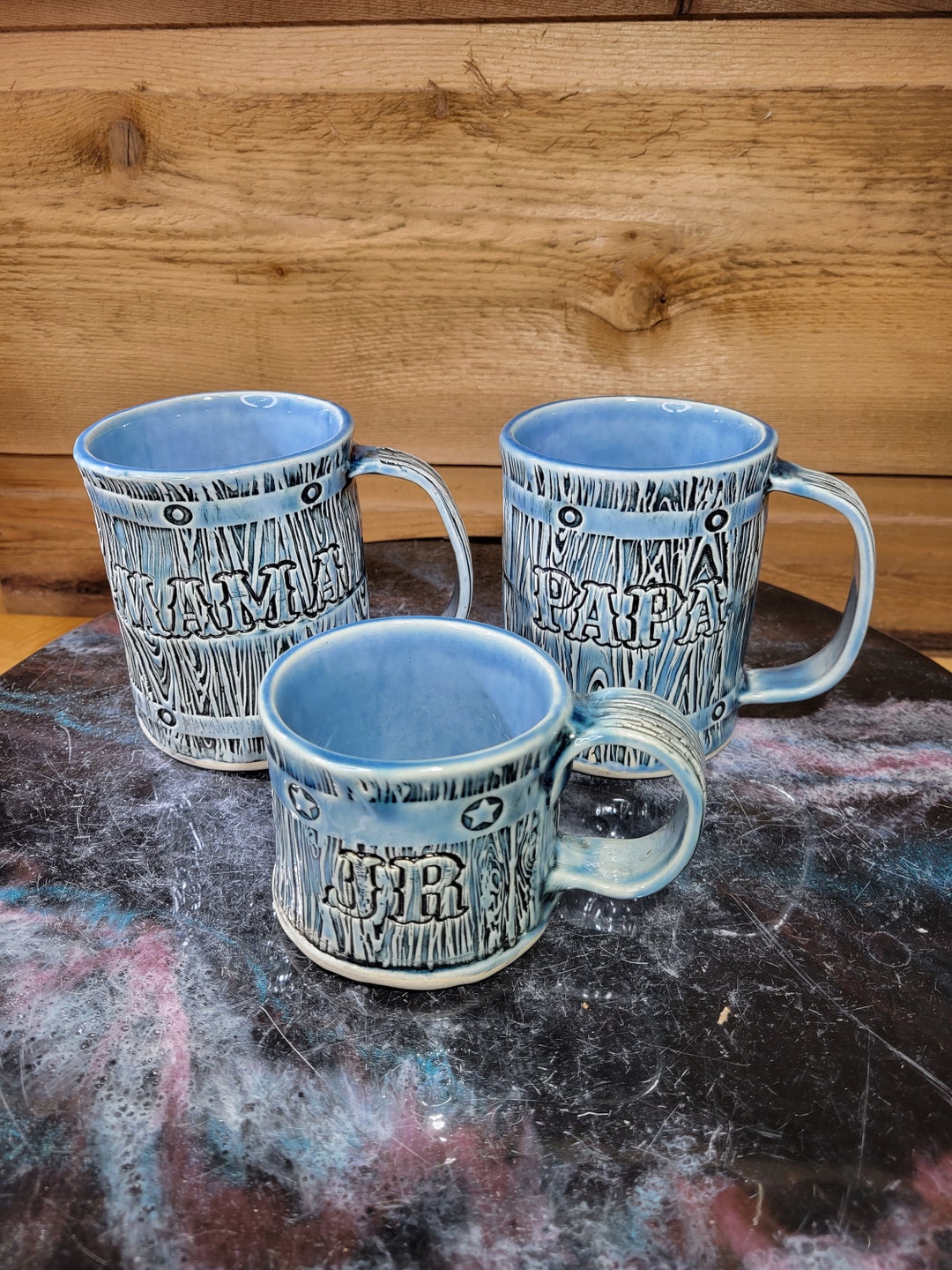 Woodgrain Blue Barrel Print and Shape Pottery Mug Papa Mama or Jr Mug ...