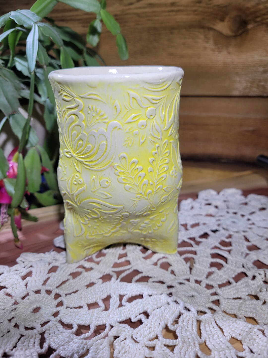 Yellow Swirl Design Tripod Pottery Mug Textured Floral Ceramic - Etsy