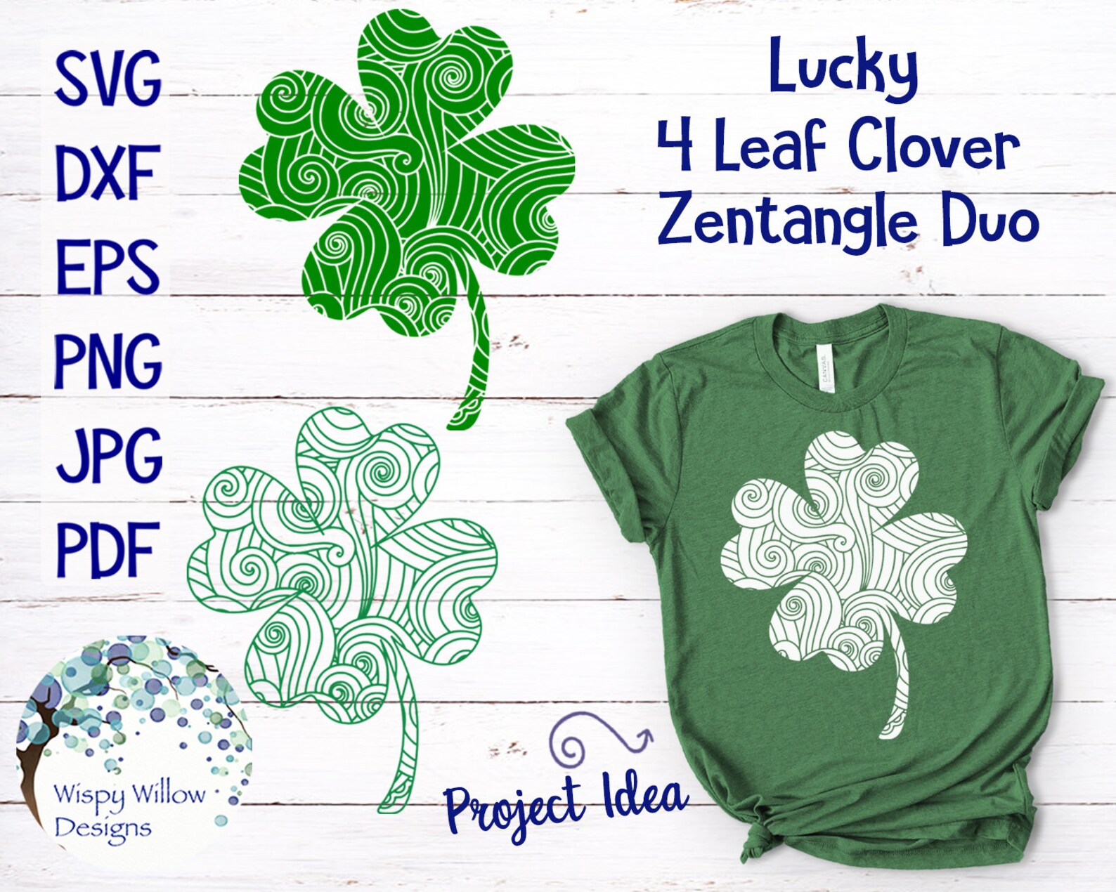 Lucky Four Leaf Clover Zentangle Duo Bundle SVG, DXF, Png, Jpg, Pdf ...