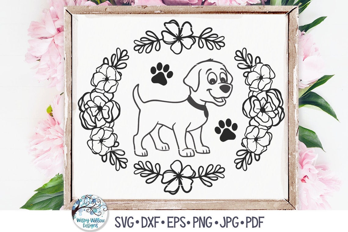 Dog With Oval Flower Frame SVG, Floral Dog Svg, Cute Cartoon Puppy Dog ...