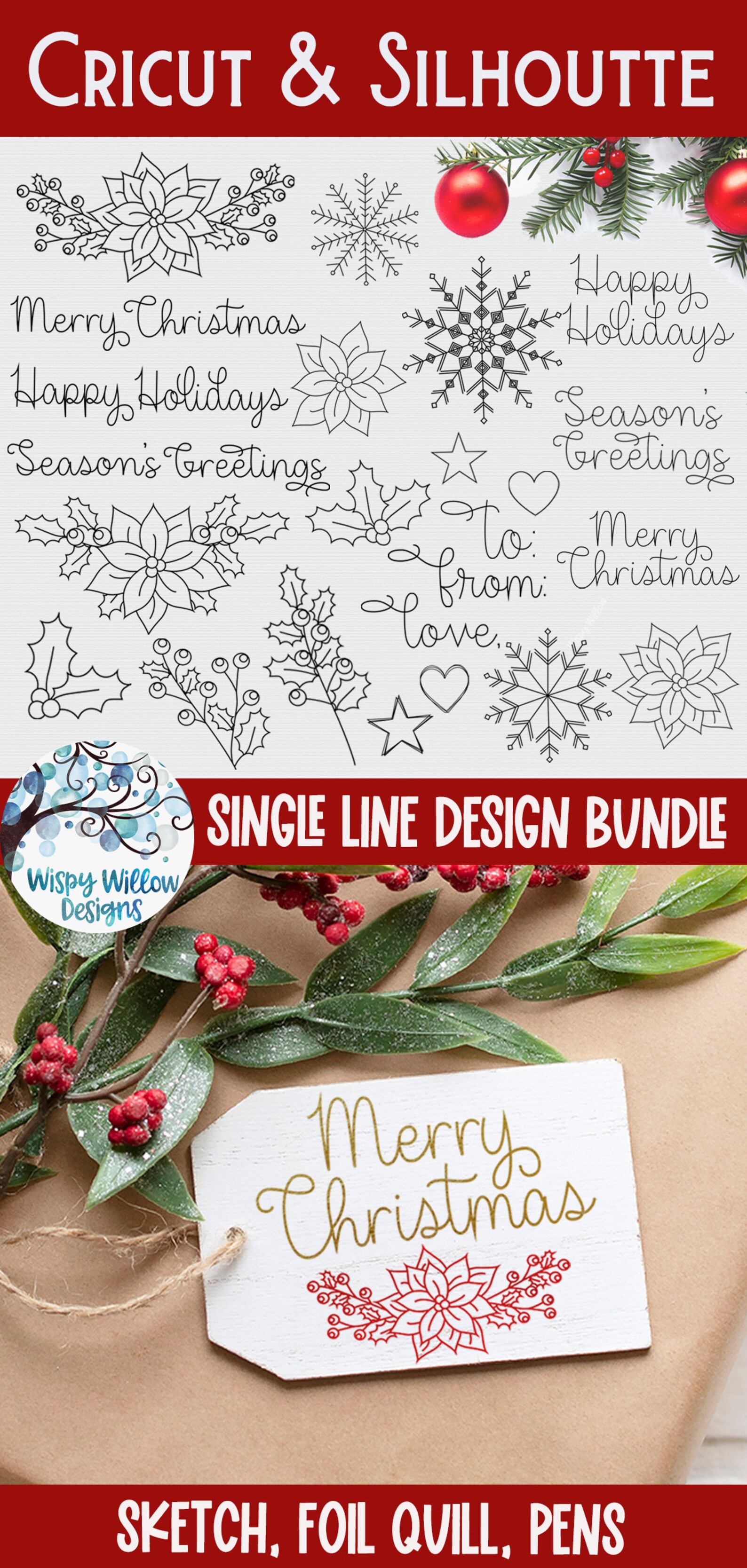 Single Line Design Christmas SVG Bundle, Foil Quill, Sketch Pens, Draw ...