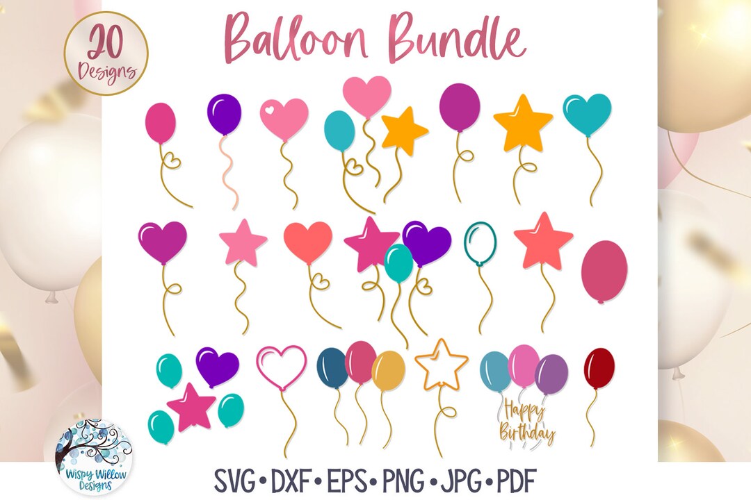 Balloon SVG Bundle for Cricut, Star and Heart Balloons, Happy Birthday ...