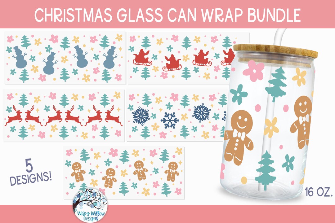 Christmas 16 Ounce Glass Can Wrap SVG Bundle for Cricut, Holiday Mug ...