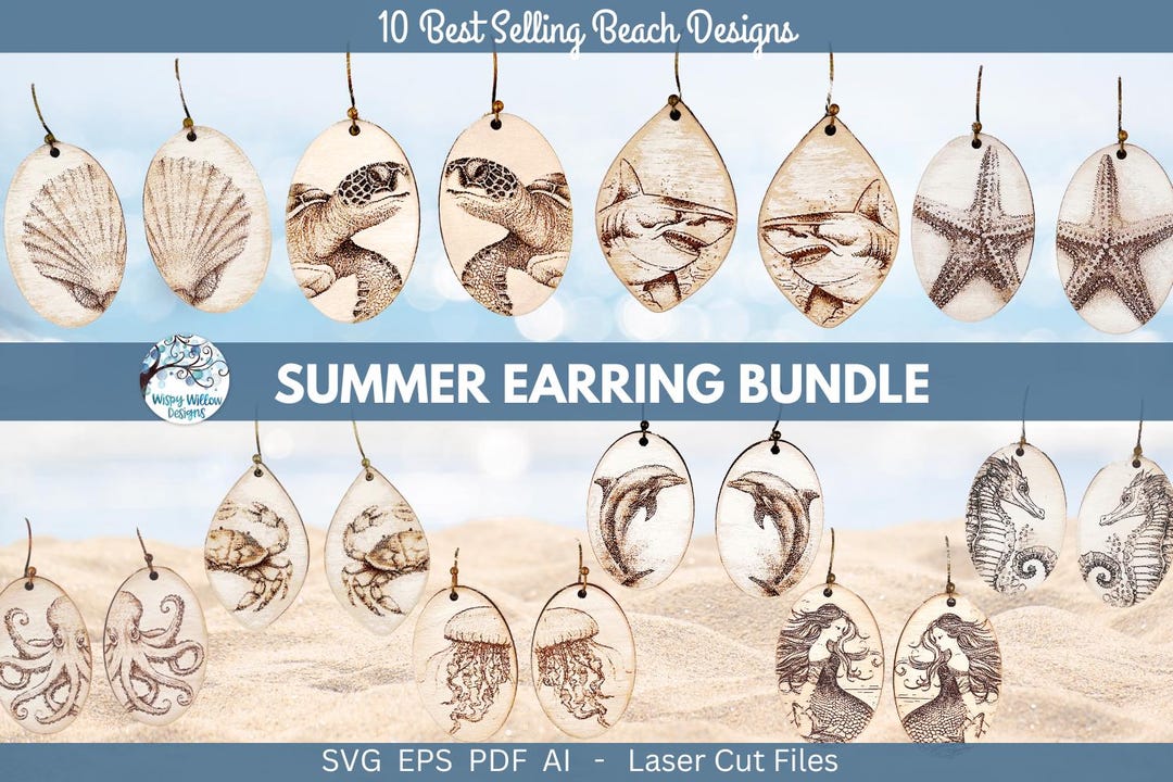 Summer Beach Earring SVG File Bundle for Laser Cutter, Sea Turtle ...