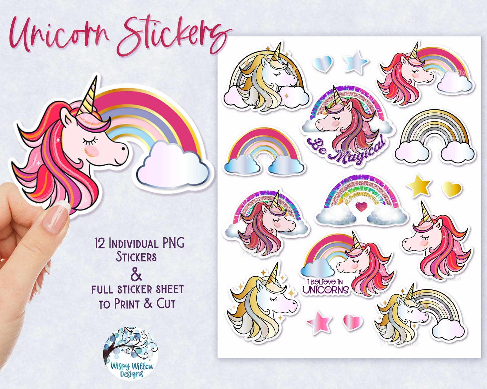 Unicorn and Rainbow Stickers PNG Printable Unicorn Stickers - Etsy