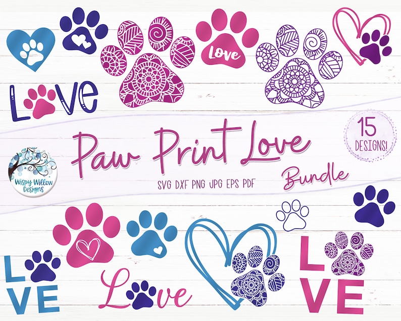 Animal Paw Print SVG Bundle for Cricut, Dog Paw Prints With Hearts ...