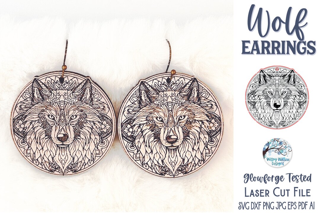 Wolf Earrings SVG File for Glowforge or Laser Cutter, Mandala Wolf Face, Boho Animal Mandala ...