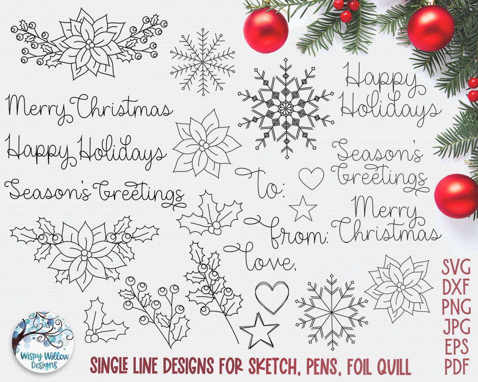 Single Line Design Christmas SVG Bundle, Foil Quill, Sketch Pens, Draw ...