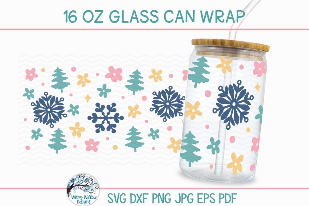 Snowflake 16 Ounce Glass Can Wrap SVG for Cricut, Christmas Mug Wrap ...