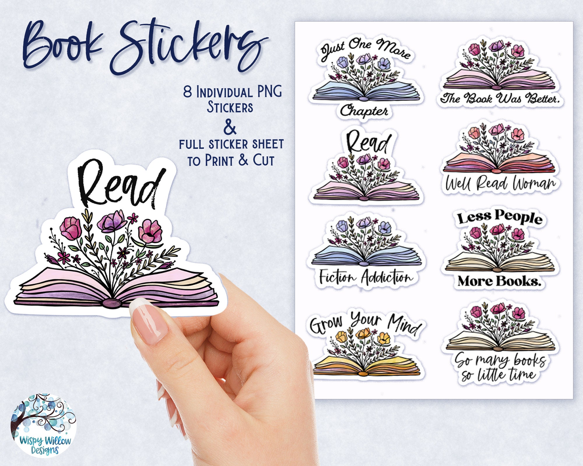 Floral Book Stickers PNG, Printable Reading Stickers, Book With Flowers ...