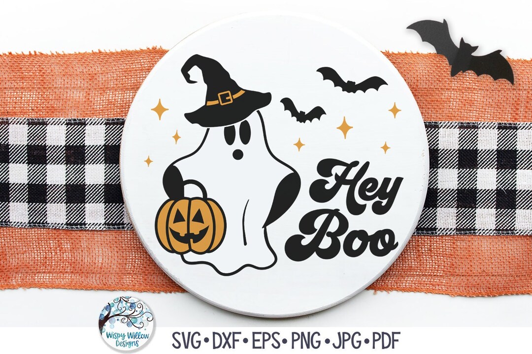 Hey Boo SVG for Cricut, Funny Round Halloween Sign With Cute Ghost ...