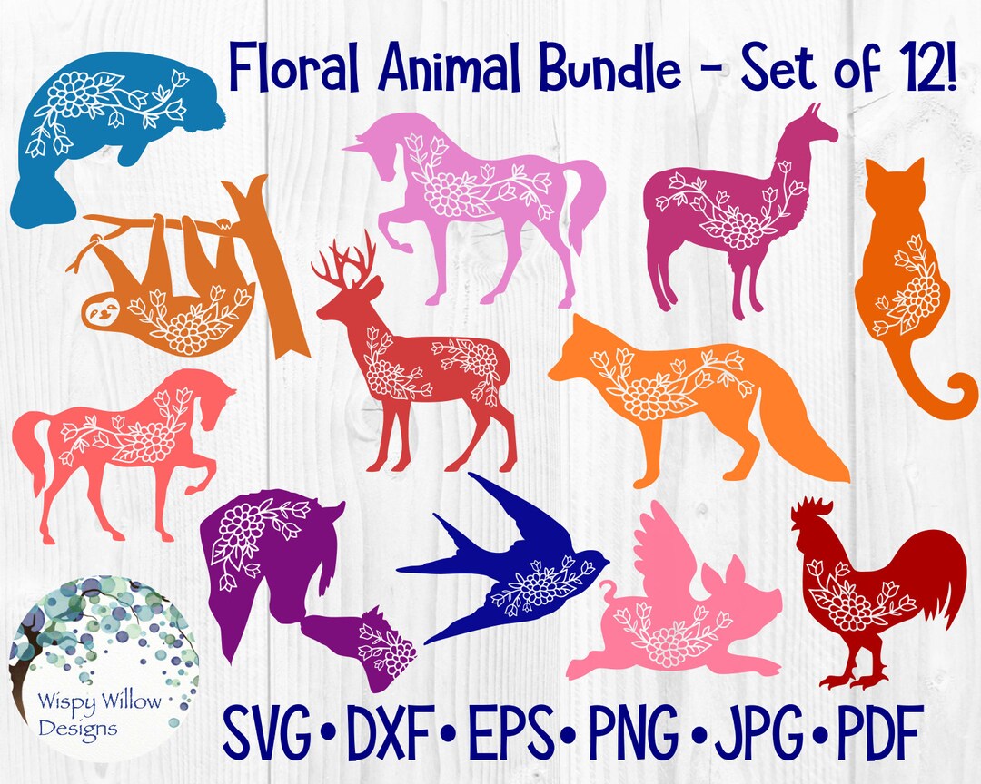 Floral Animal SVG Bundle, Sloth With Flowers SVG, Fox, Llama, Horse ...
