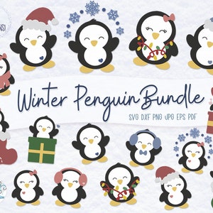 Winter Penguin SVG Bundle, Christmas Penguins With Santa Hat, Penguins ...