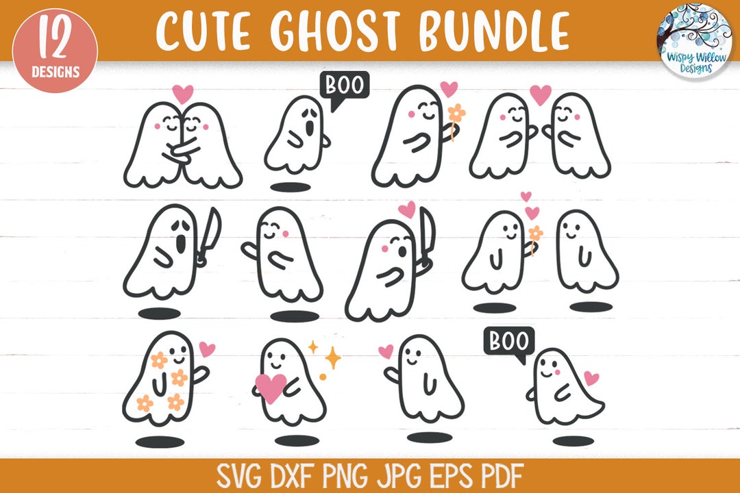 Cute Ghost SVG Bundle for Cricut, Retro Halloween Ghost Doodles PNG ...