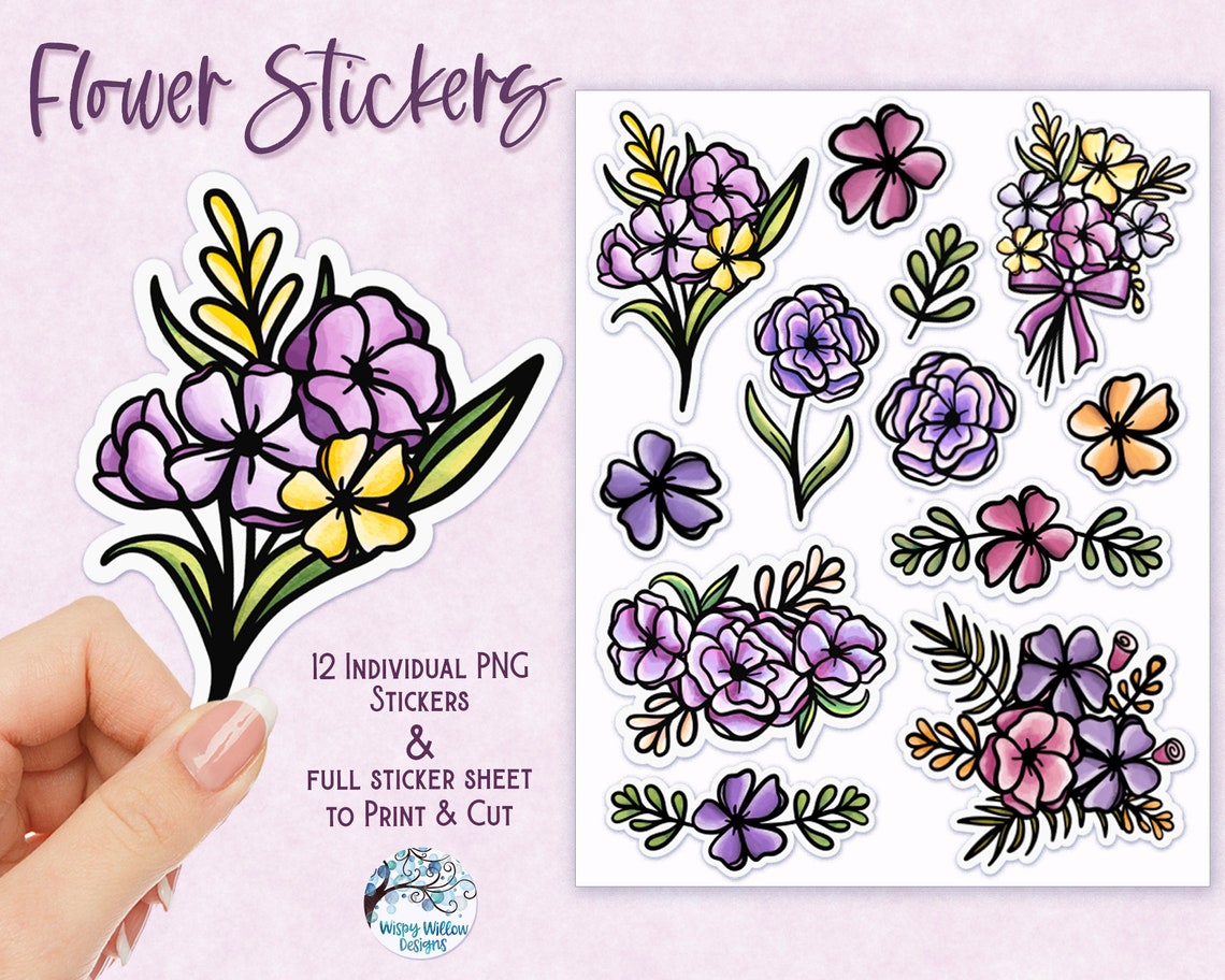 Purple Flower Stickers PNG Printable Flower Stickers Floral | Etsy