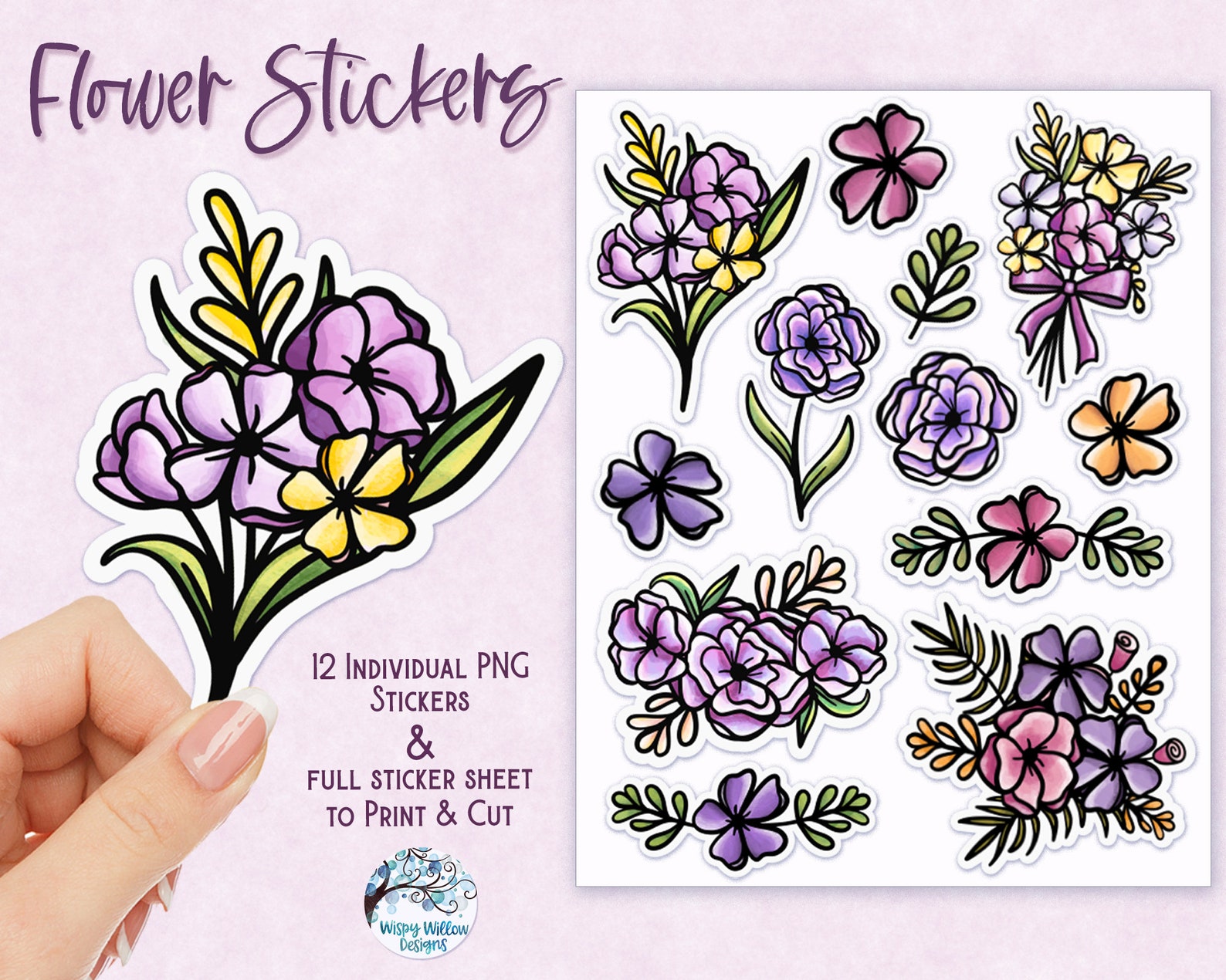 Purple Flower Stickers PNG Printable Flower Stickers Floral | Etsy