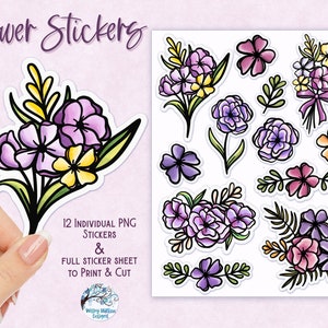 Purple Flower Stickers PNG, Printable Flower Stickers, Floral Printable ...