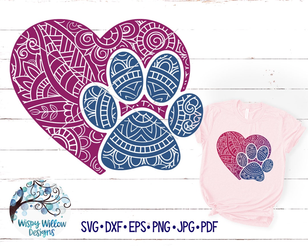 Paw Print Zentangle SVG, Paw Print Mandala SVG, Paw Print in Heart Svgs ...