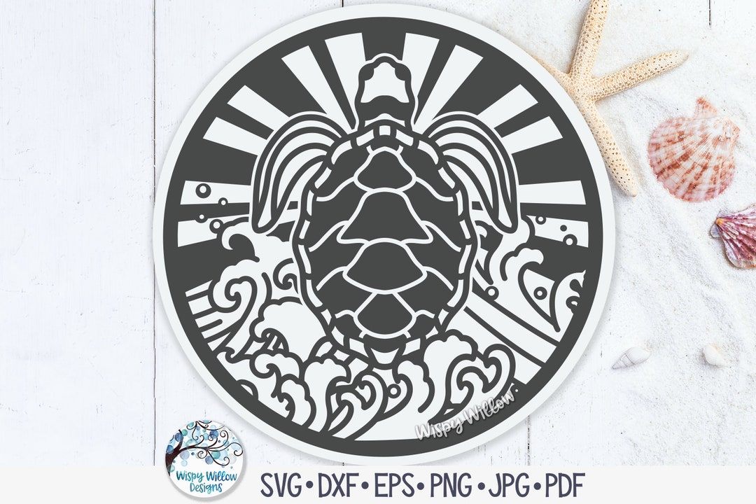 Sea Turtle SVG, Beach Animal in Ocean Waves and Sun, Swimming Turtle ...