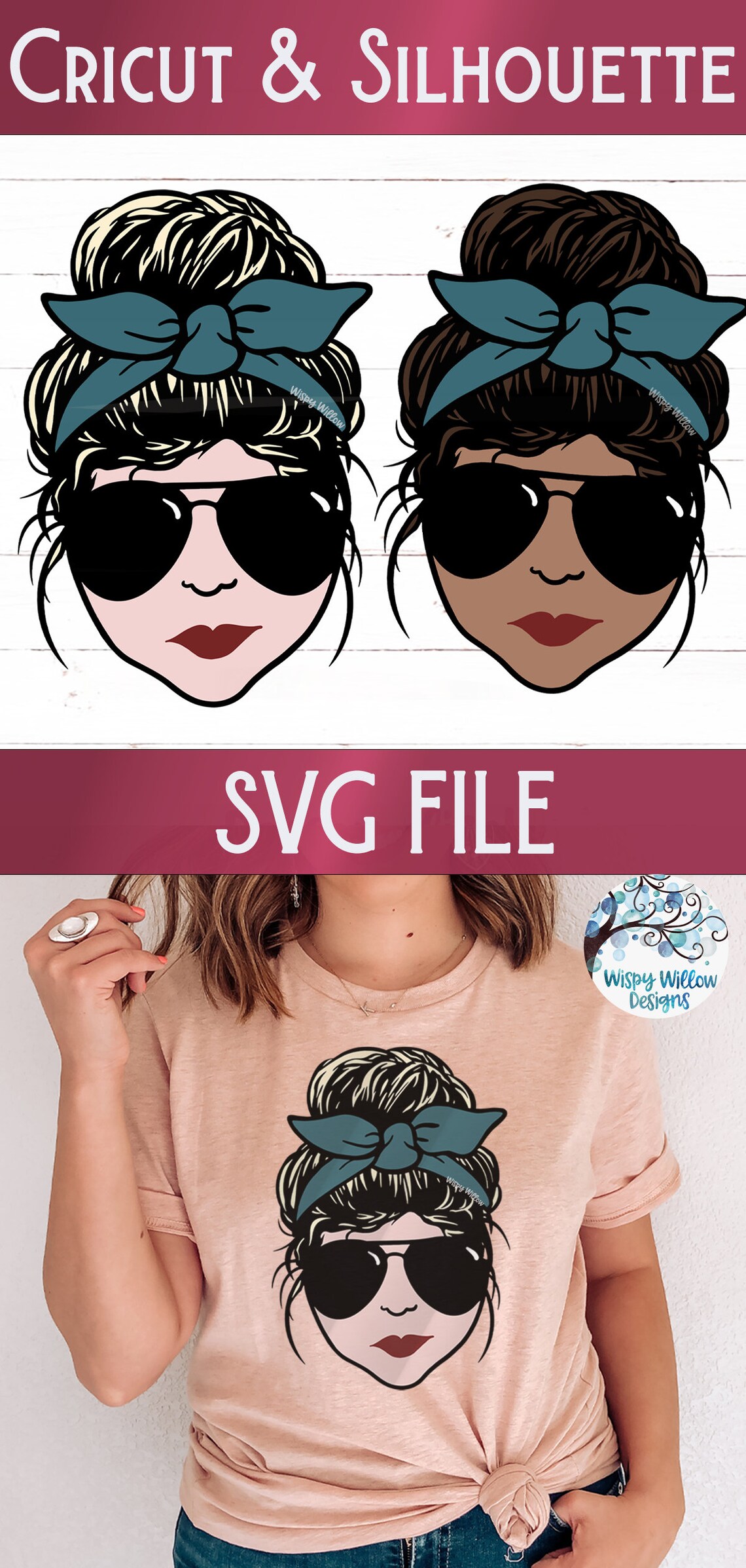 Messy Bun Lady SVG, Mom Bun Svg, Messy Bun Bandana Layered Svg, Sassy ...