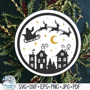Round Christmas Santa Sign SVG for Cricut, Santa Sleigh and Reindeer ...