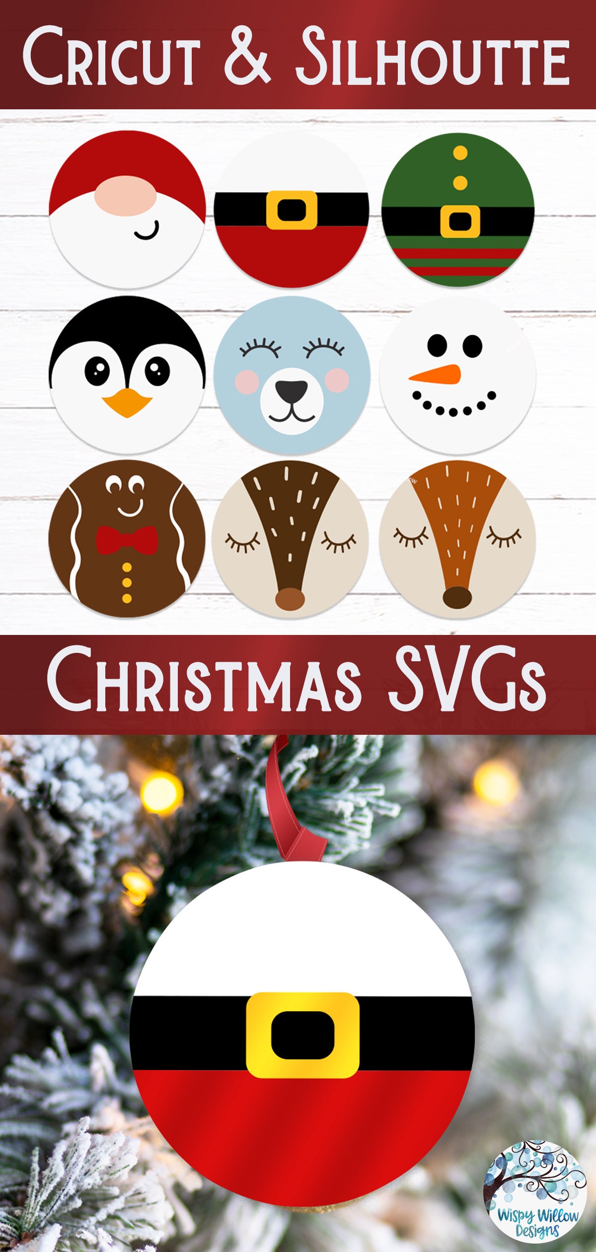 Round Christmas Ornament SVG Bundle Reindeer Santa Penguin | Etsy