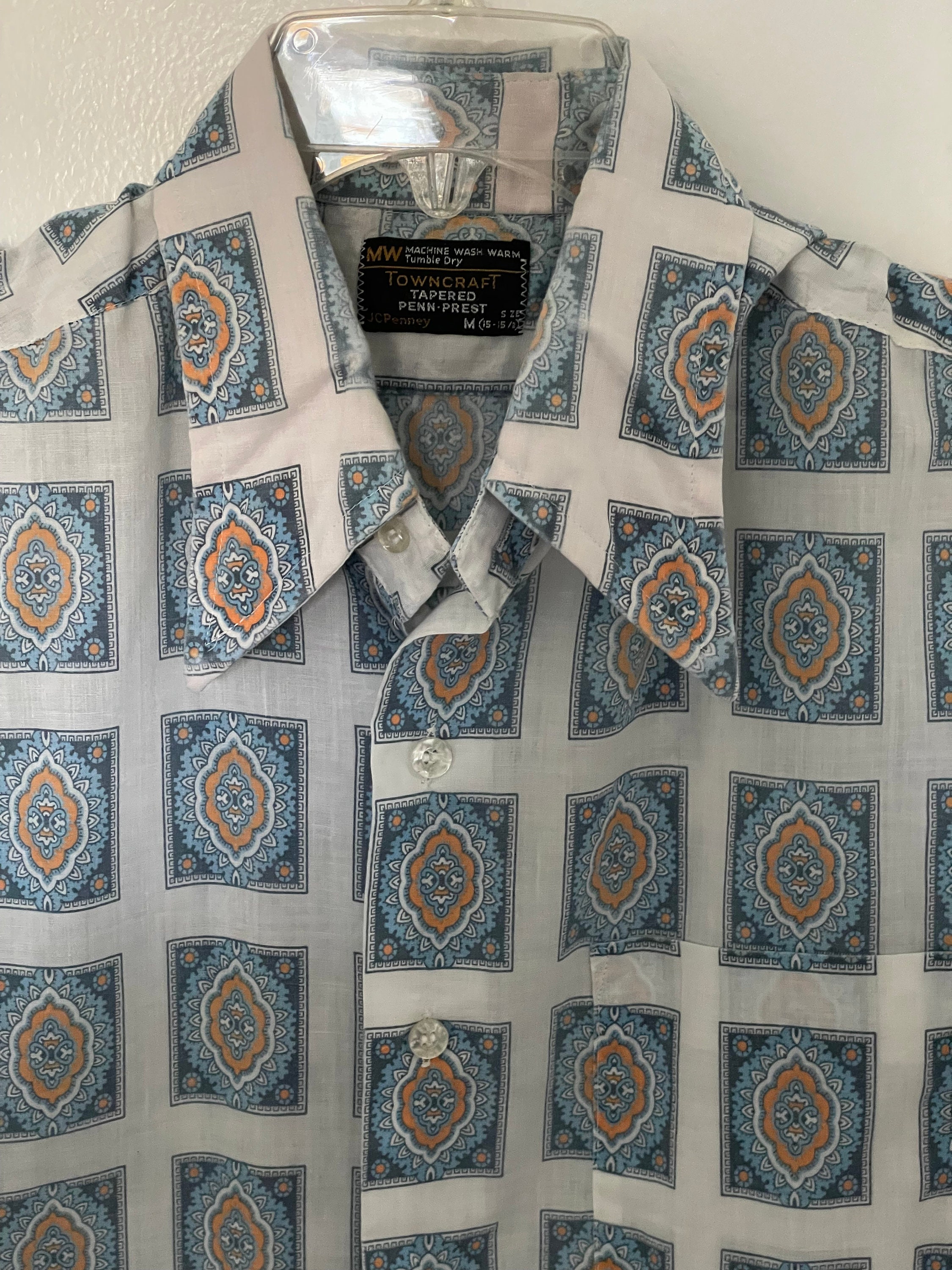 1970s Mens White and Blue Square Pattern Button Down - Etsy