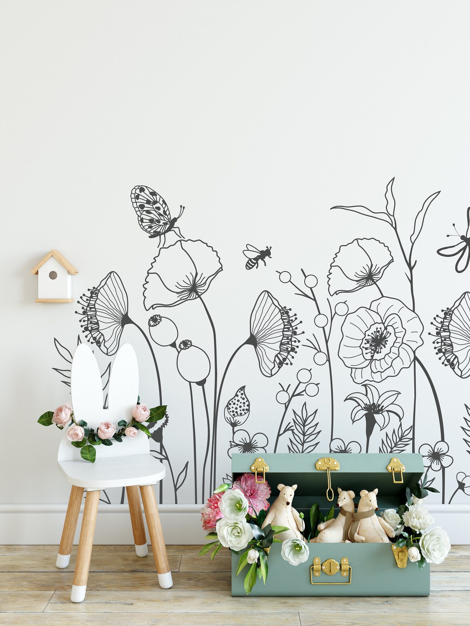 Hand-drawn Wildflowers With Butterflies Wall Decal: Line Art Floral ...