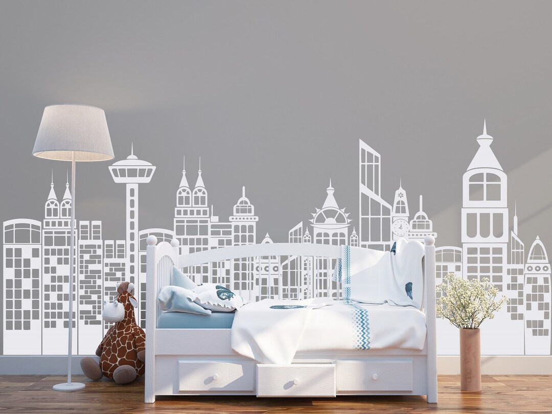 Large City Skyline Wall Art, Cityscape Wall Decal for Playroom, Kids ...