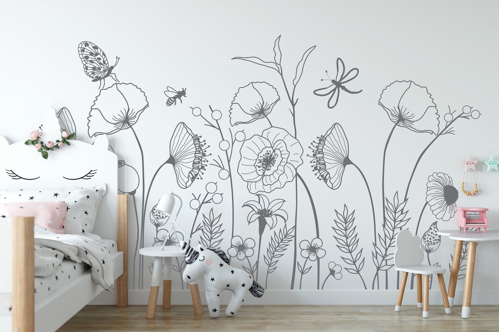 Hand-drawn Wildflowers With Butterflies Wall Decal: Line Art Floral ...