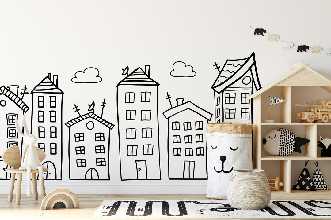 Doodle City Wall Decal: Hand-drawn Houses for Kids Room Playroom Decor WW12 - Etsy