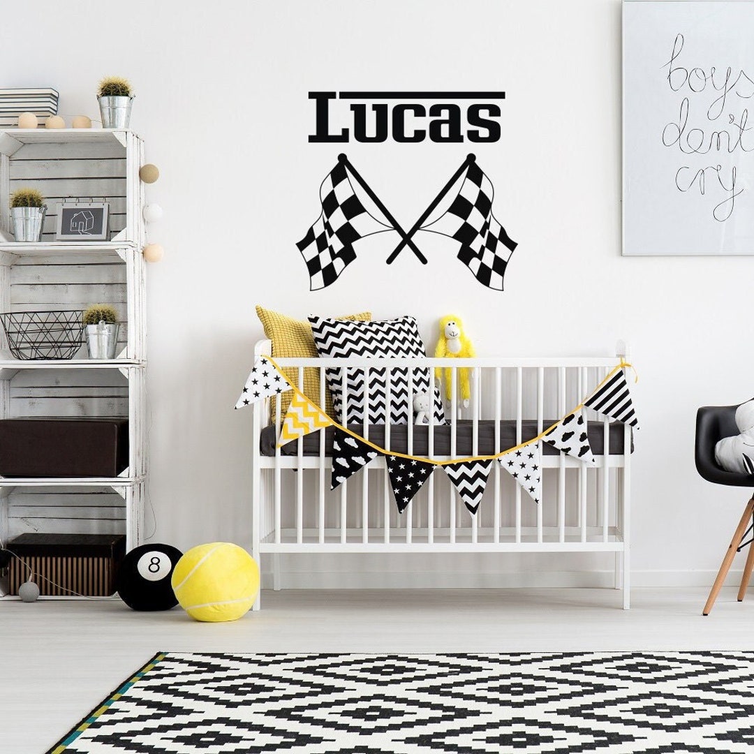 Checkered Flag Decal Personalized Boys Name - Crossed Racing Flags Wall ...