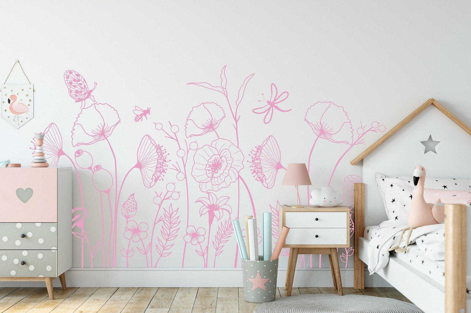 Hand-drawn Wildflowers With Butterflies Wall Decal: Line Art Floral ...