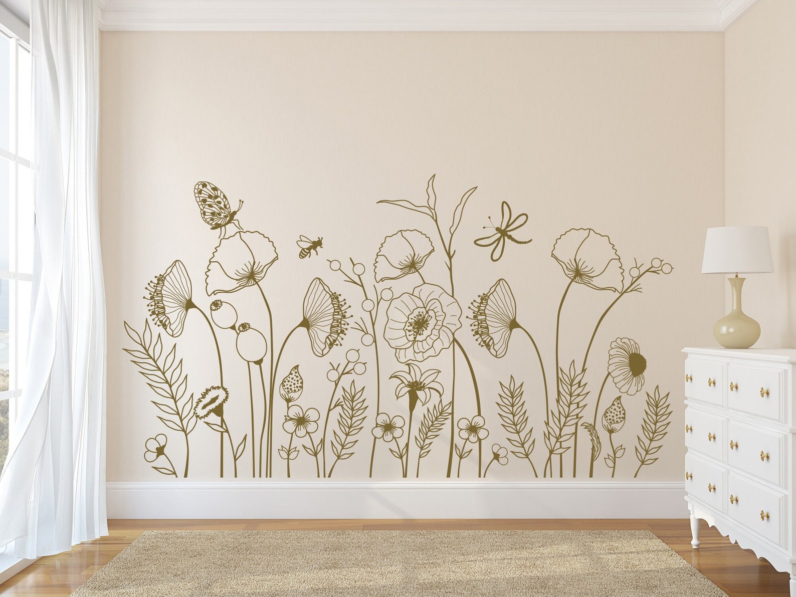 Hand-drawn Wildflowers With Butterflies Wall Decal: Line Art Floral ...