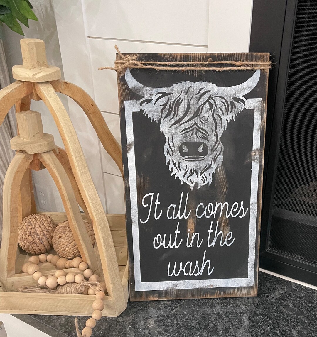 Rustic Highland Cow Laundry Room Sign: Painted Wood Decor (20” X 11.25 ...