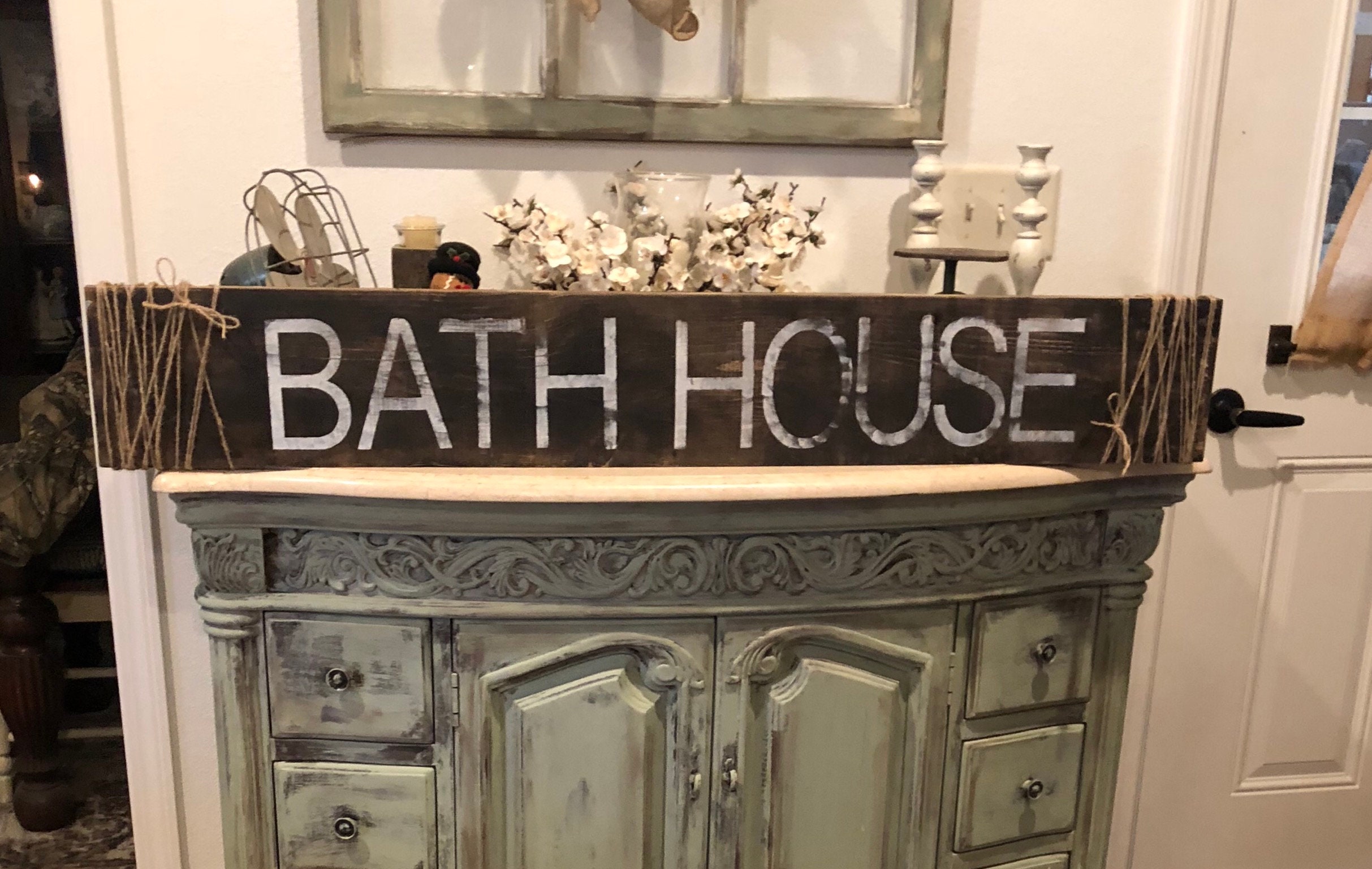 Large Distressed Bath House Sign | Farmhouse Style | Farmhouse Sign ...
