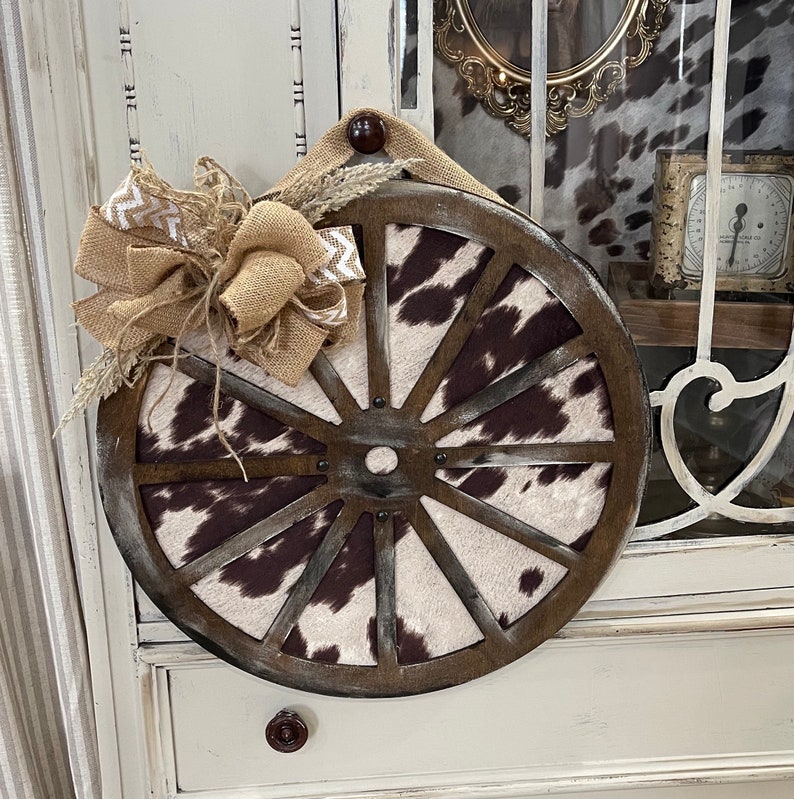 Rustic Wagon Wheel Wall Decor, Cowhide Print, Farmhouse Style With ...