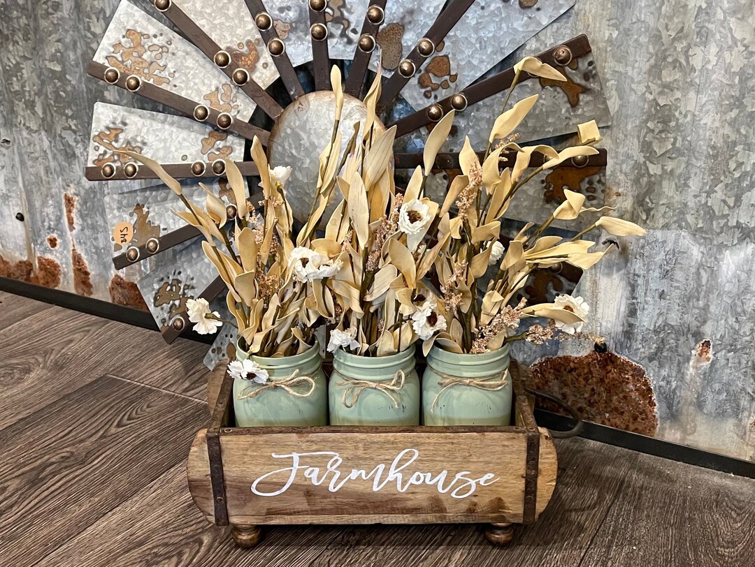 Farmhouse Centerpiece / Mason Jar Decor / Floral Arrangement / Wooden ...