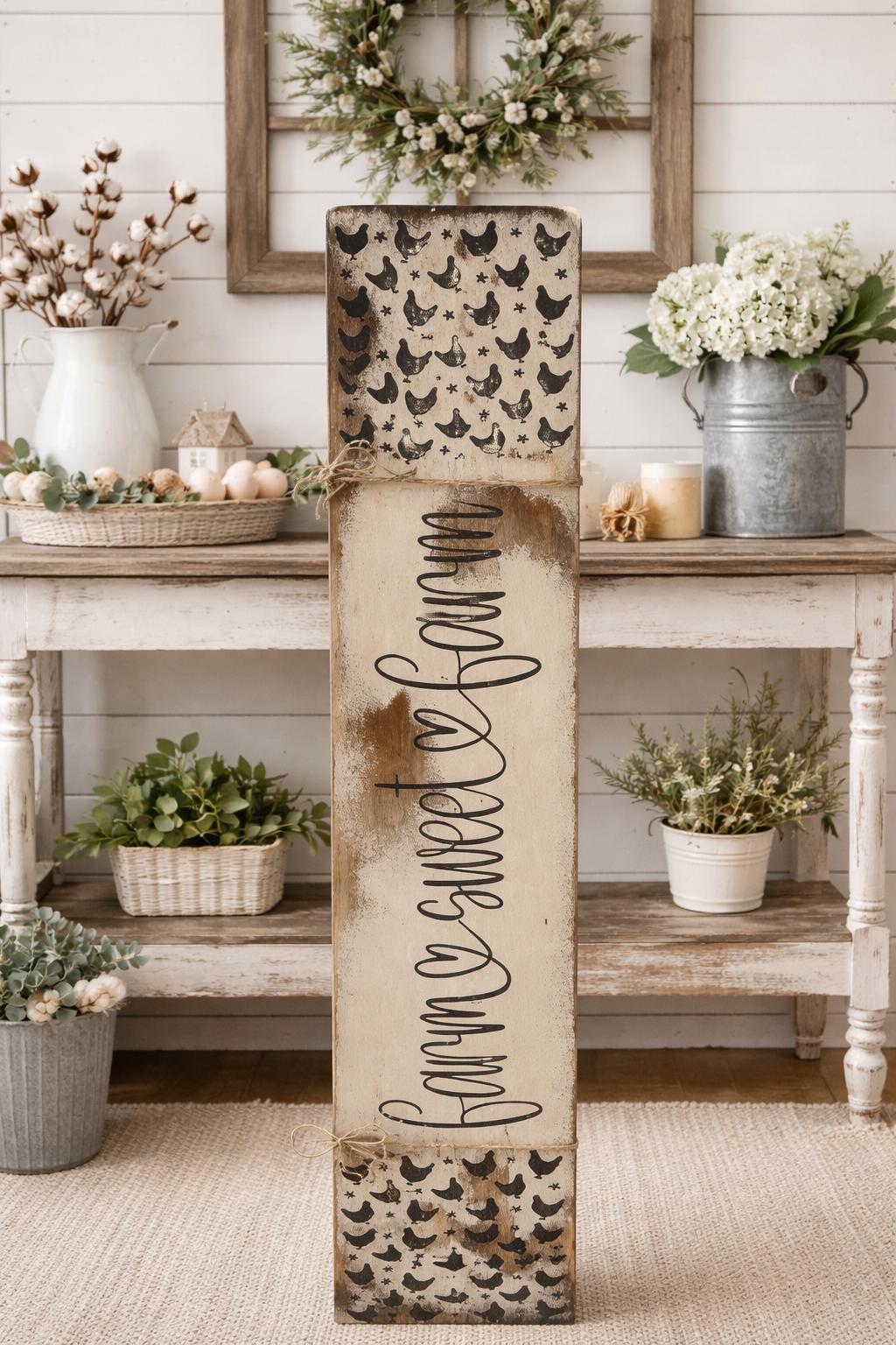 Distressed Rustic Farmhouse Sign: Farm Sweet Farm, Rooster Chicken ...