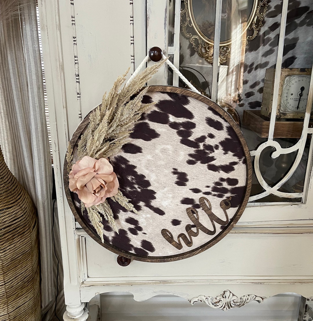 18” Cow Hello Sign / Faux Cowhide Sign / Cow Decor / Rustic Western ...