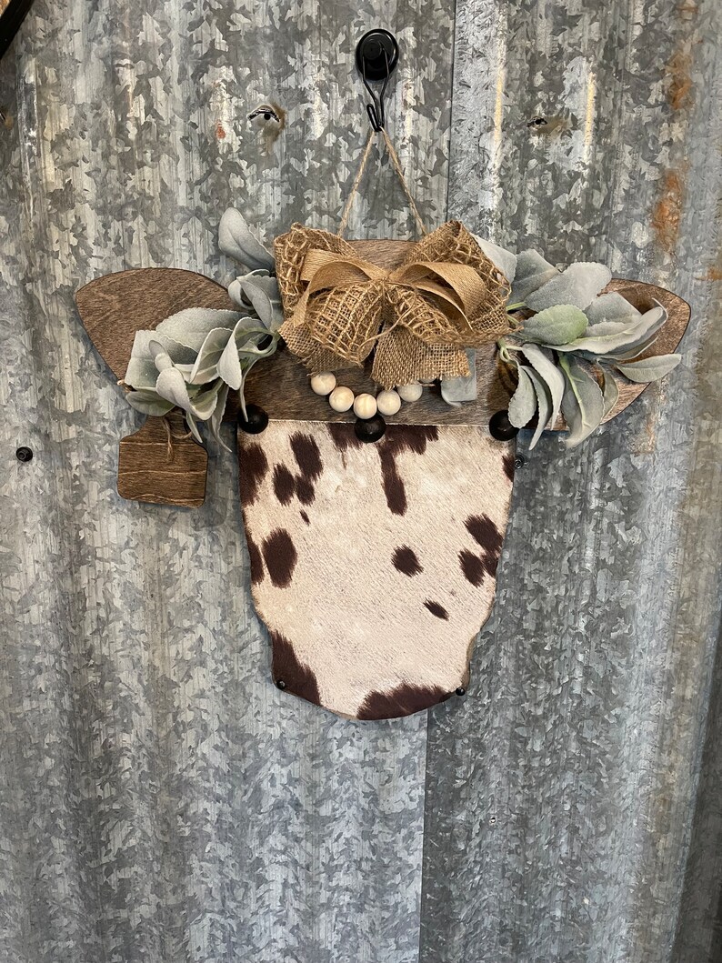 Rustic Cow Head / Door Hanger / Cow Sign With Fabric / Farmhouse Door ...