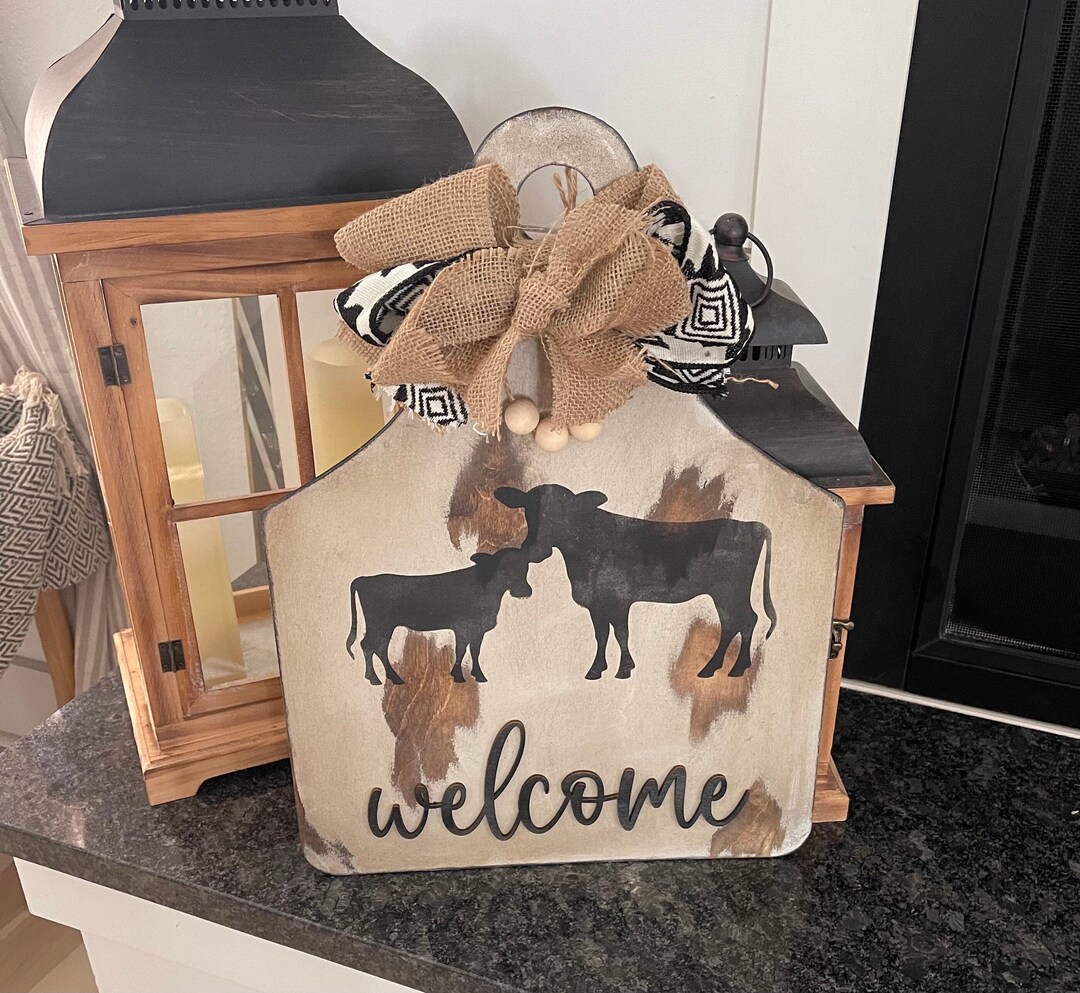 Hand Painted Cow Tag Sign: Farmhouse Welcome Decor (18” X 13 ...